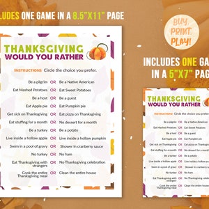 Would You Rather Thanksgiving Game Printable Games for Kids | Etsy