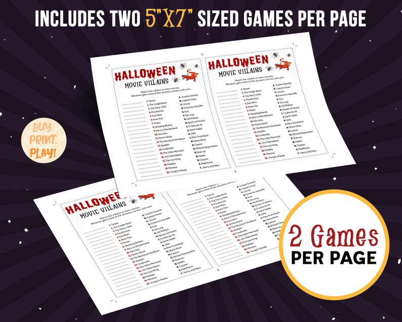 Movie Villain Matching Trivia Halloween Printable Games - Etsy