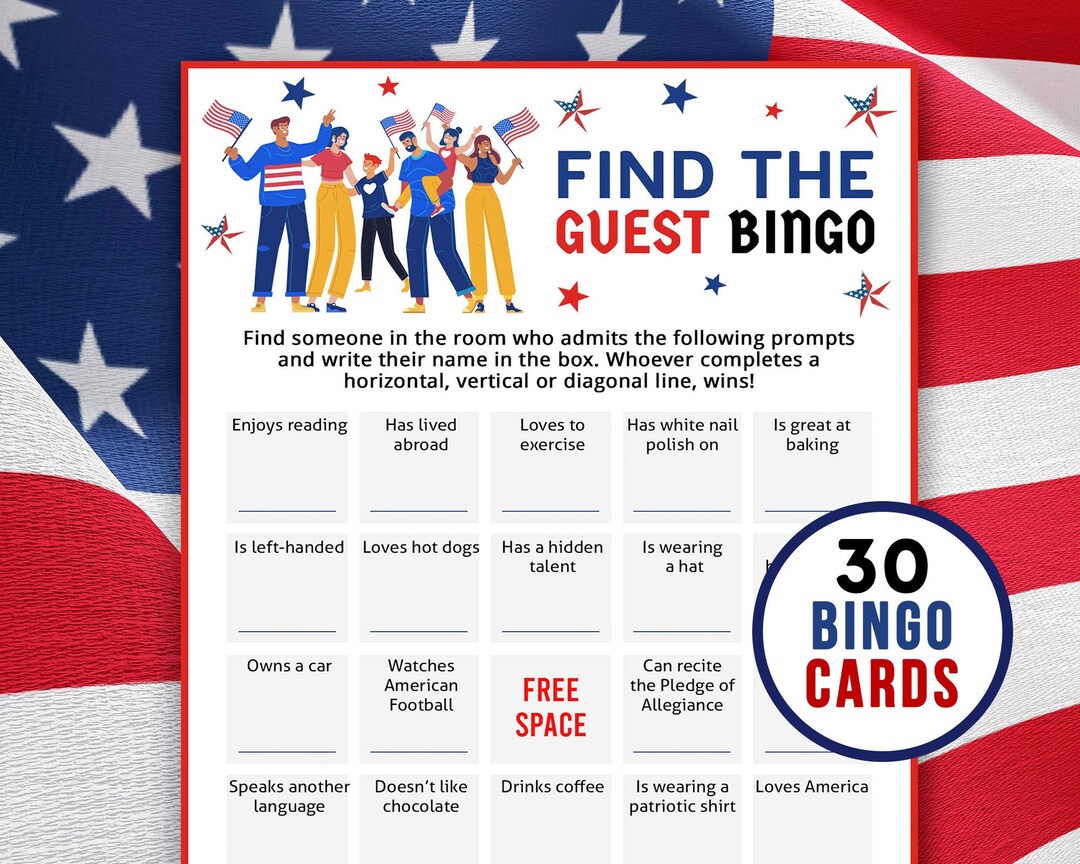 Patriotic Find the Guest Bingo | 4th of July Printable Games for Adults ...