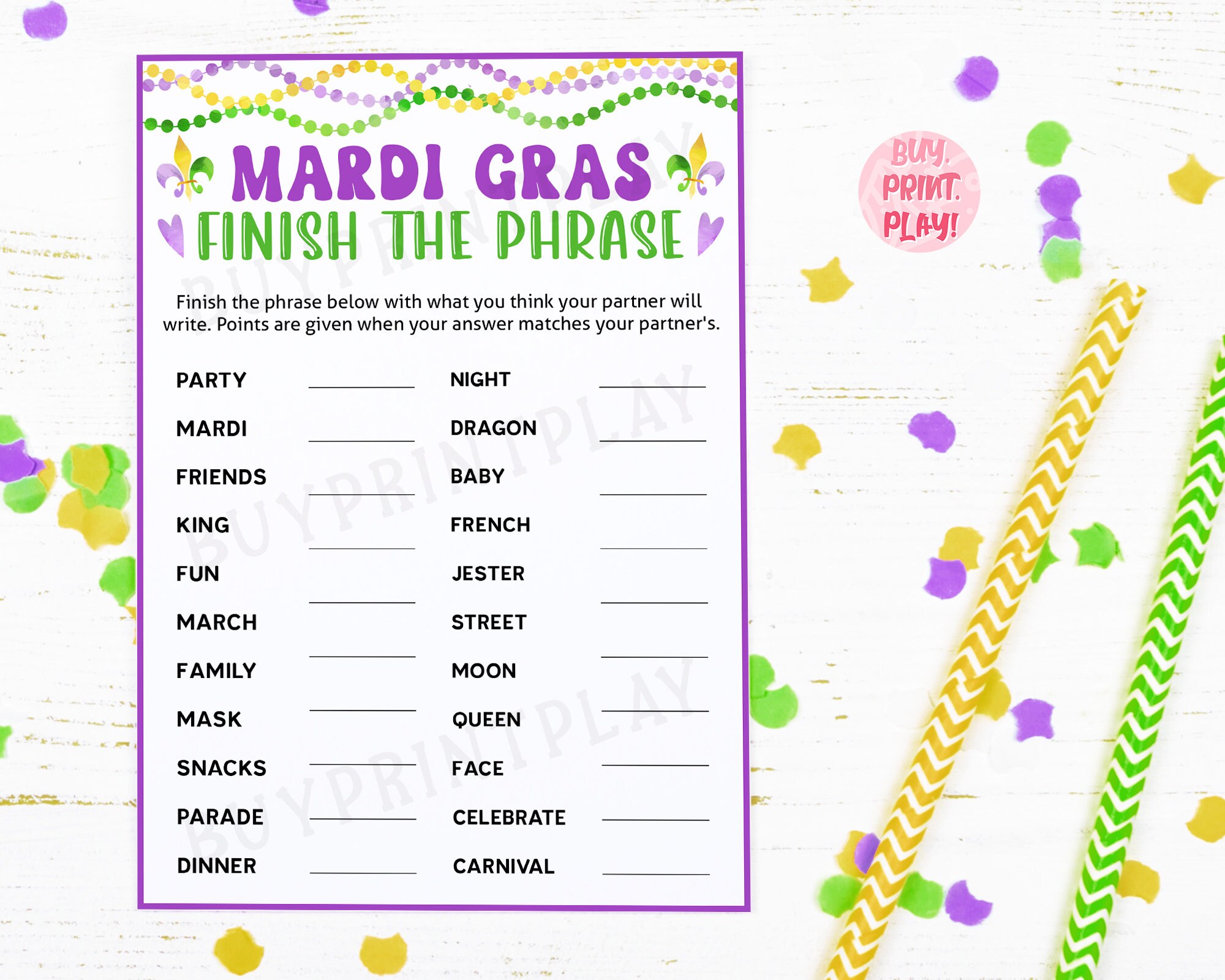 Mardi Gras Finish the Phrase Printable Games New Orleans | Etsy