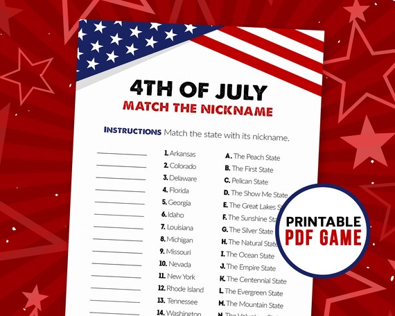 Fourth of July Trivia Game Match the State's Nickname - Etsy