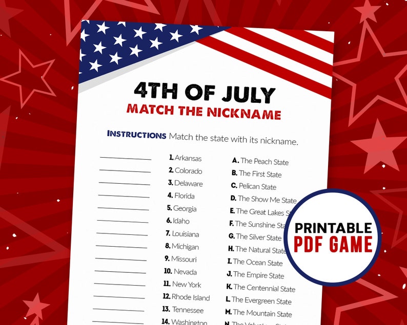 Fourth of July Trivia Game Match the State's Nickname - Etsy