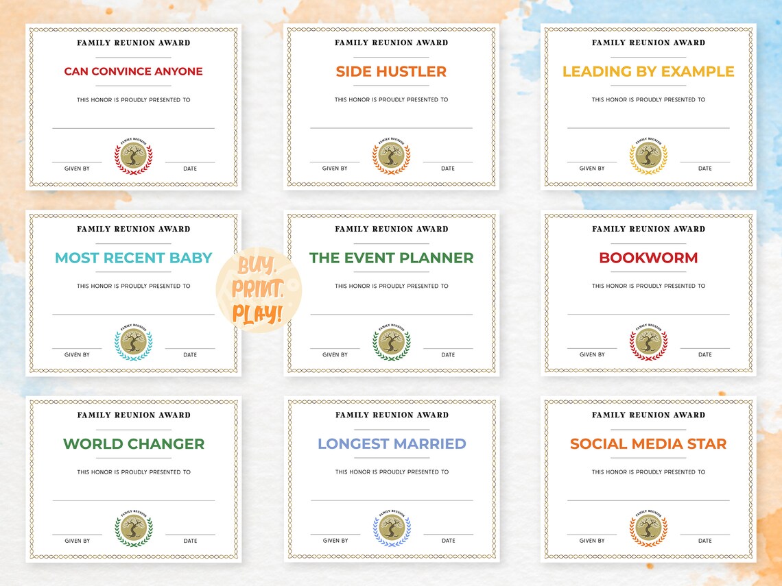 Family Reunion Awards 100 Family Gathering Certificates - Etsy