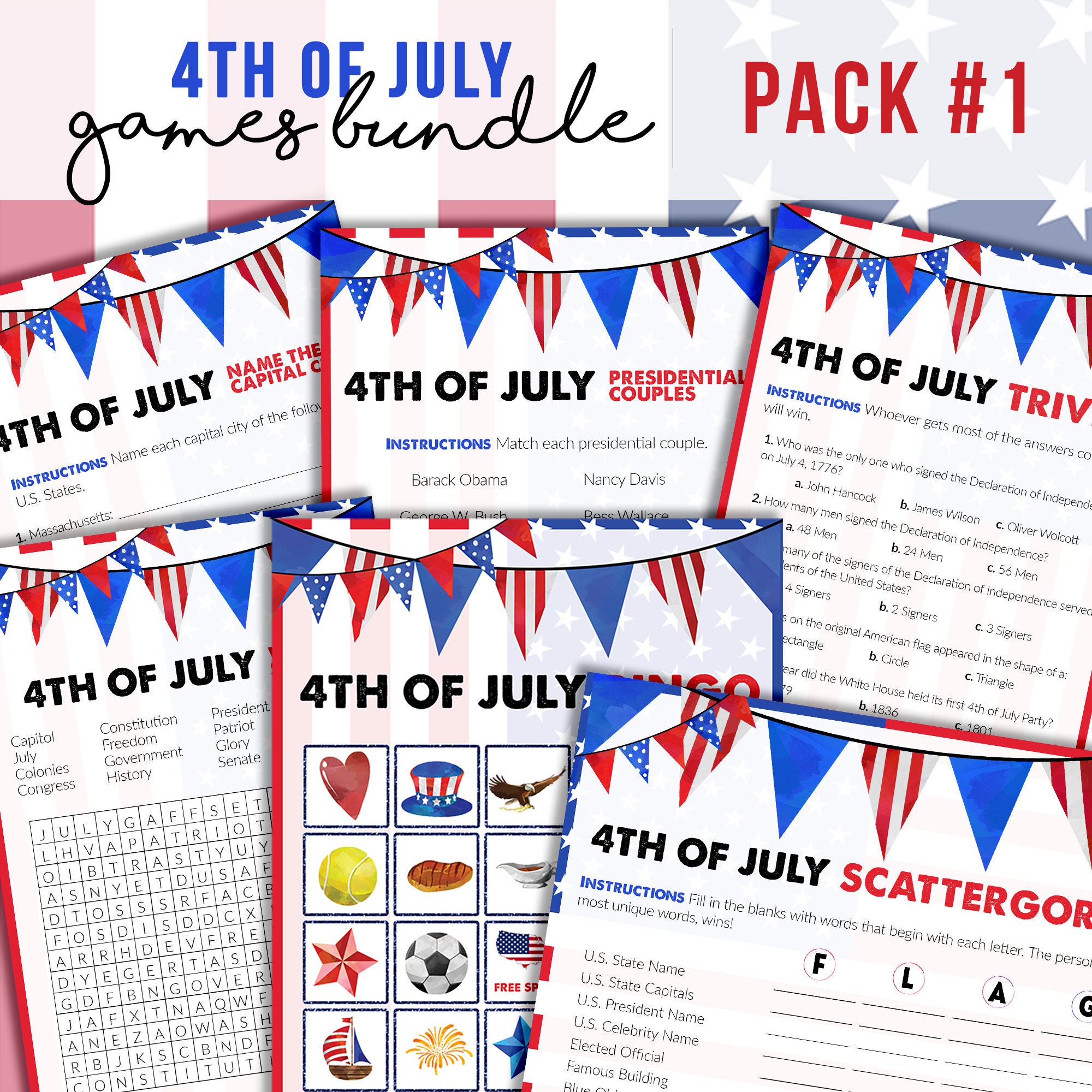 4th of July Printable Games U.S. Independence Day Games - Etsy España