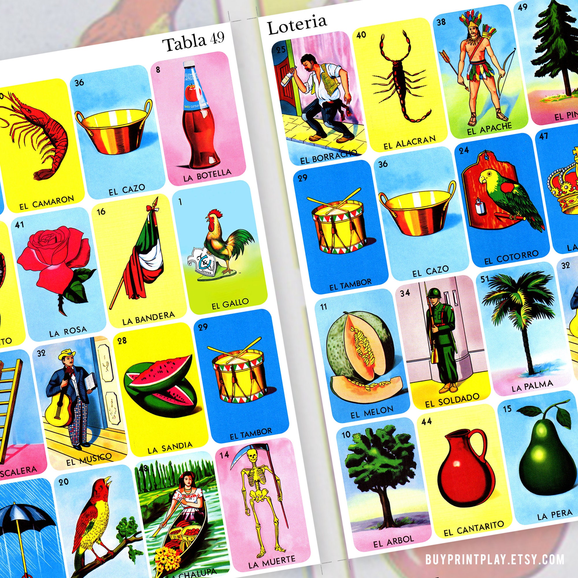 50 Mexican Loteria Game Cards 2 Different Versions 100 Etsy