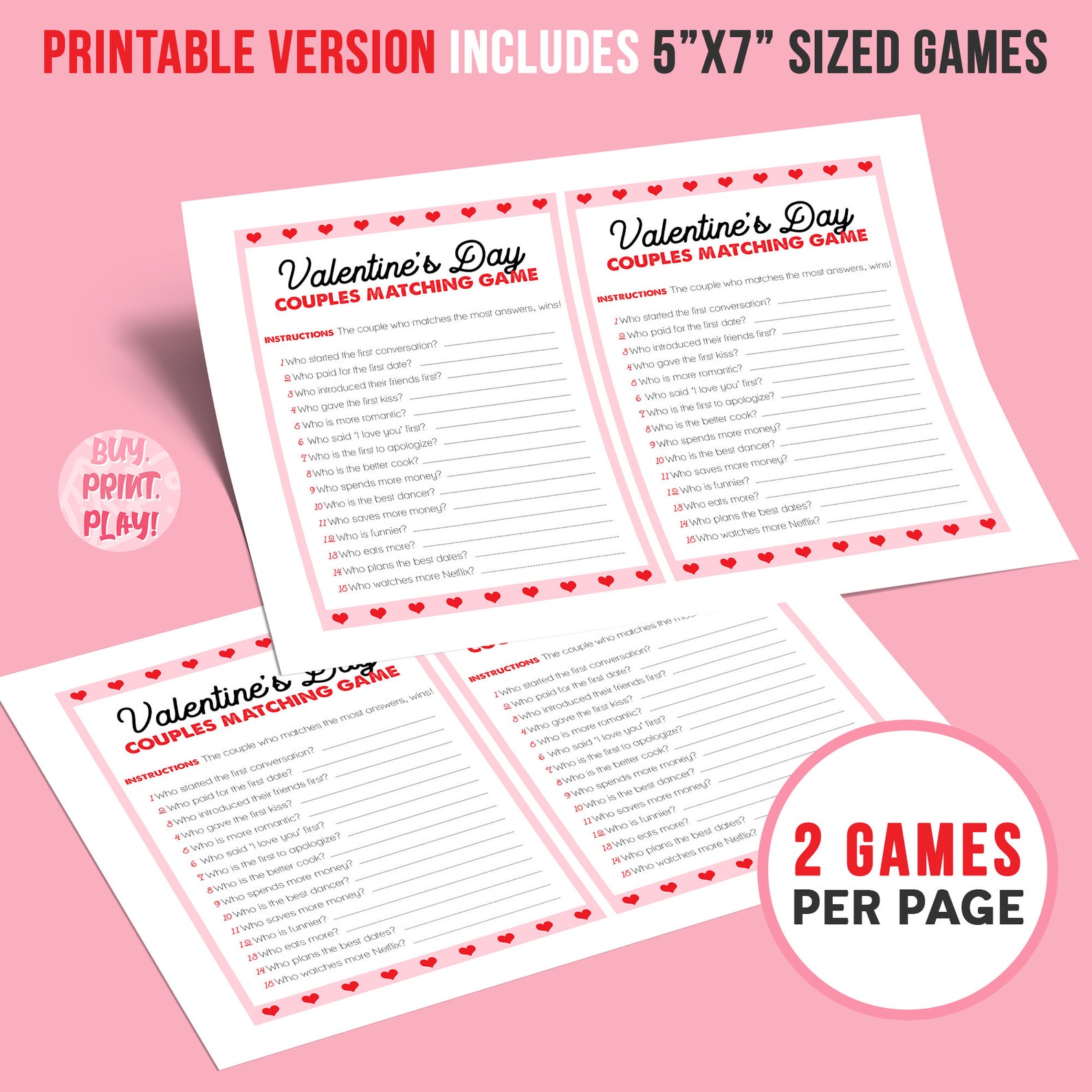 Valentines Couples Game Couple Matching Game Printable Etsy