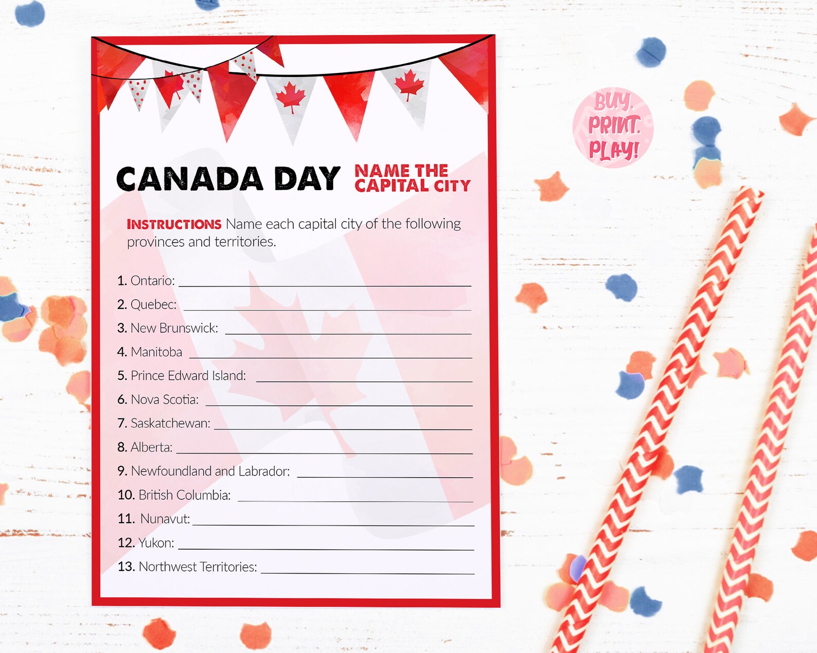 Canada Day Trivia Game Name the Capital Cities First of July Printable ...