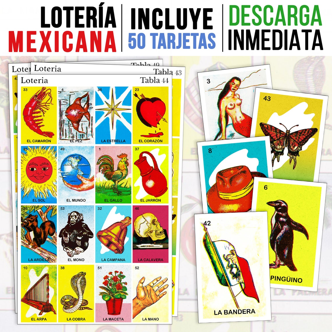 50 Mexican Loteria Cards Printable Game Loteria Mexicana | Etsy Canada