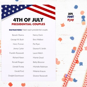 4th of July Trivia Game Presidential Couples US Independence Day Fourth ...
