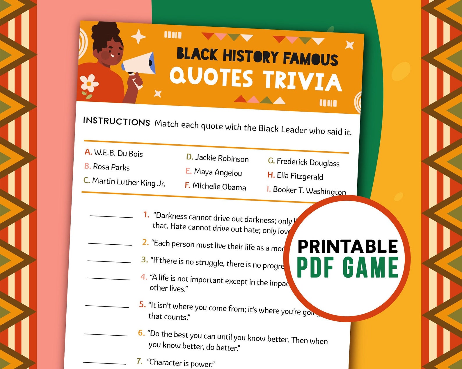 Black History Famous Quotes Trivia Game American History Printable ...