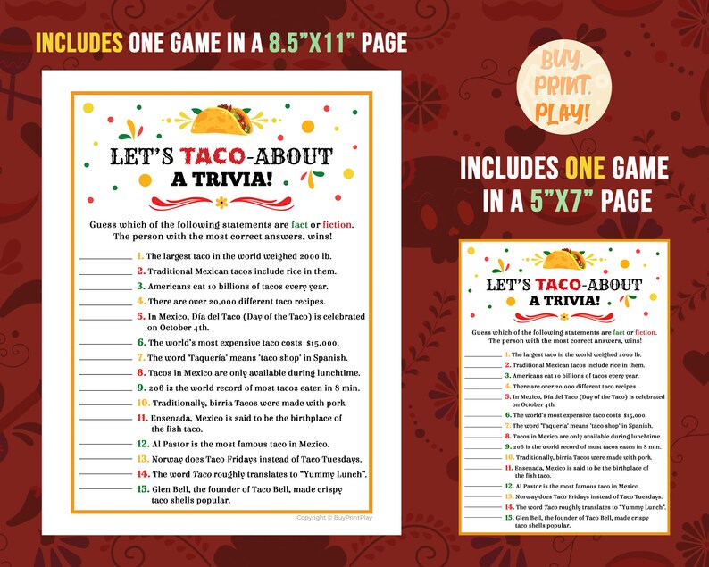 Cinco De Mayo Taco Trivia Mexican Fiesta Printable Games - Etsy