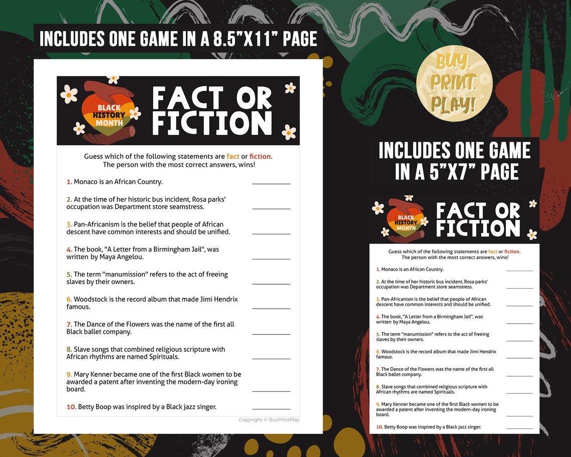 Black History Month Fact or Fiction Trivia Game American - Etsy