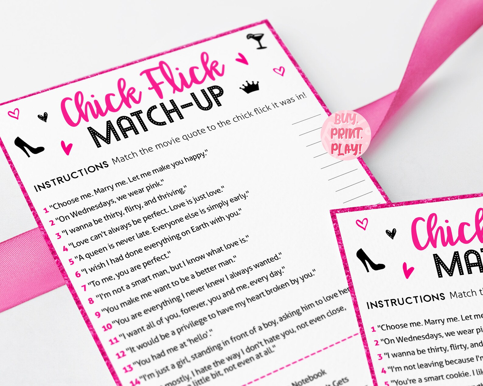 Chick Flick Match up Quote Trivia Ladies Night Party Printable Game ...