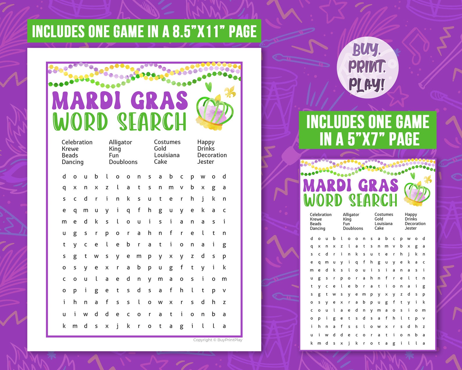 Mardi Gras Word Search Party Games New Orleans Fat Tuesday | Etsy