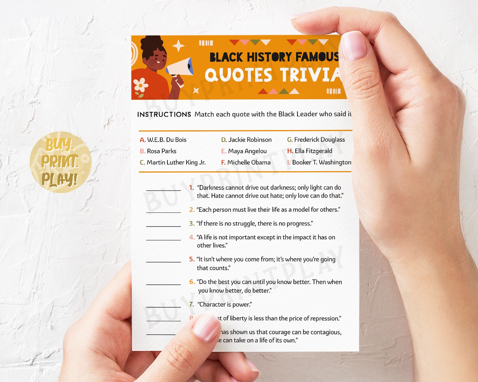 Black History Famous Quotes Trivia Game American History Printable ...