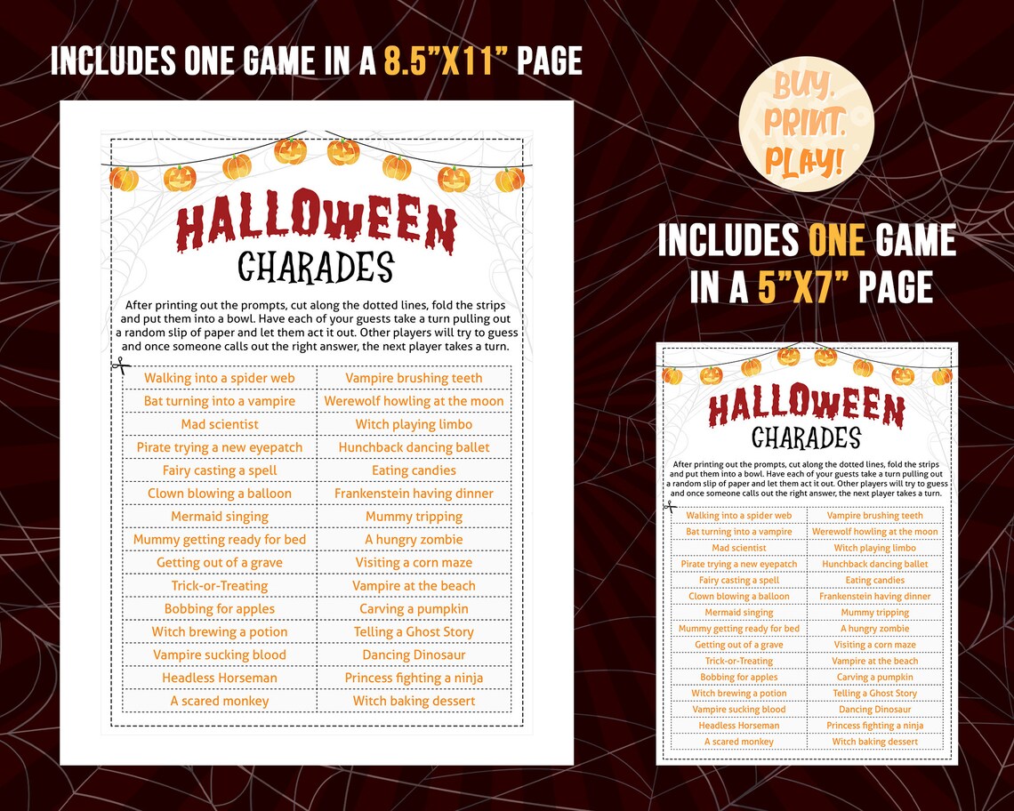 Printable Halloween Charades Prompts Halloween Games for | Etsy