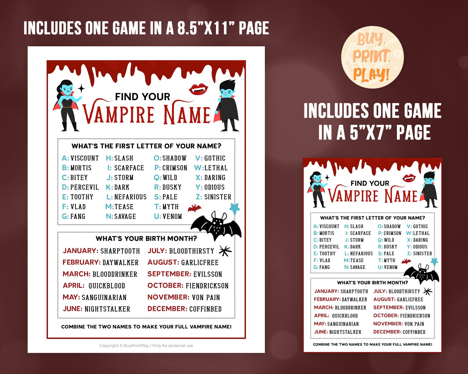 Whats Your Vampire Name Halloween Party Games Vampire - Etsy