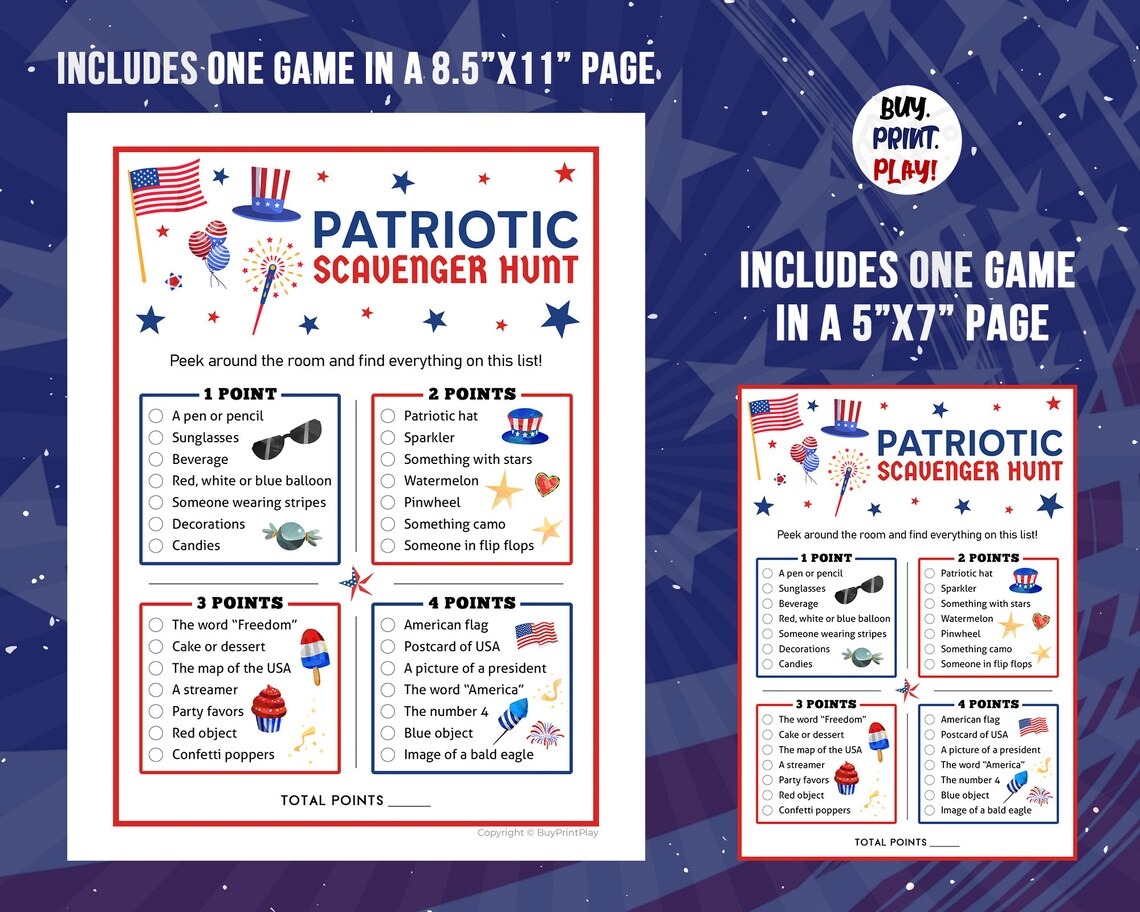 4th of July Patriotic Scavenger Hunt Printable Games for - Etsy