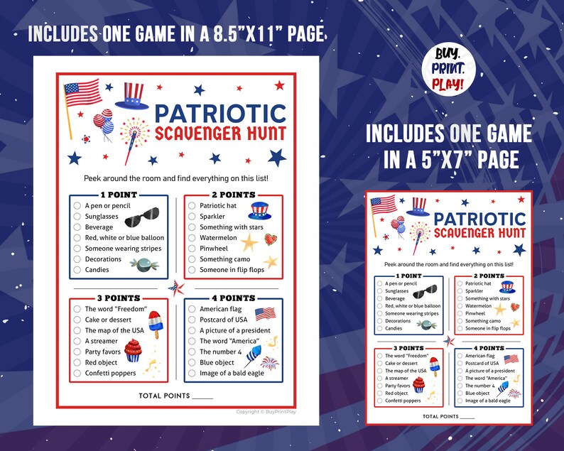 4th of July Patriotic Scavenger Hunt Printable Games for - Etsy