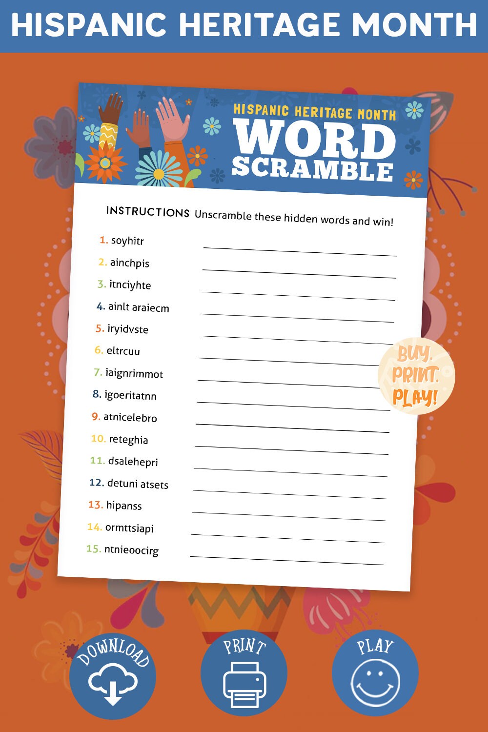 Hispanic Heritage Month Word Scramble Latino Heritage - Etsy