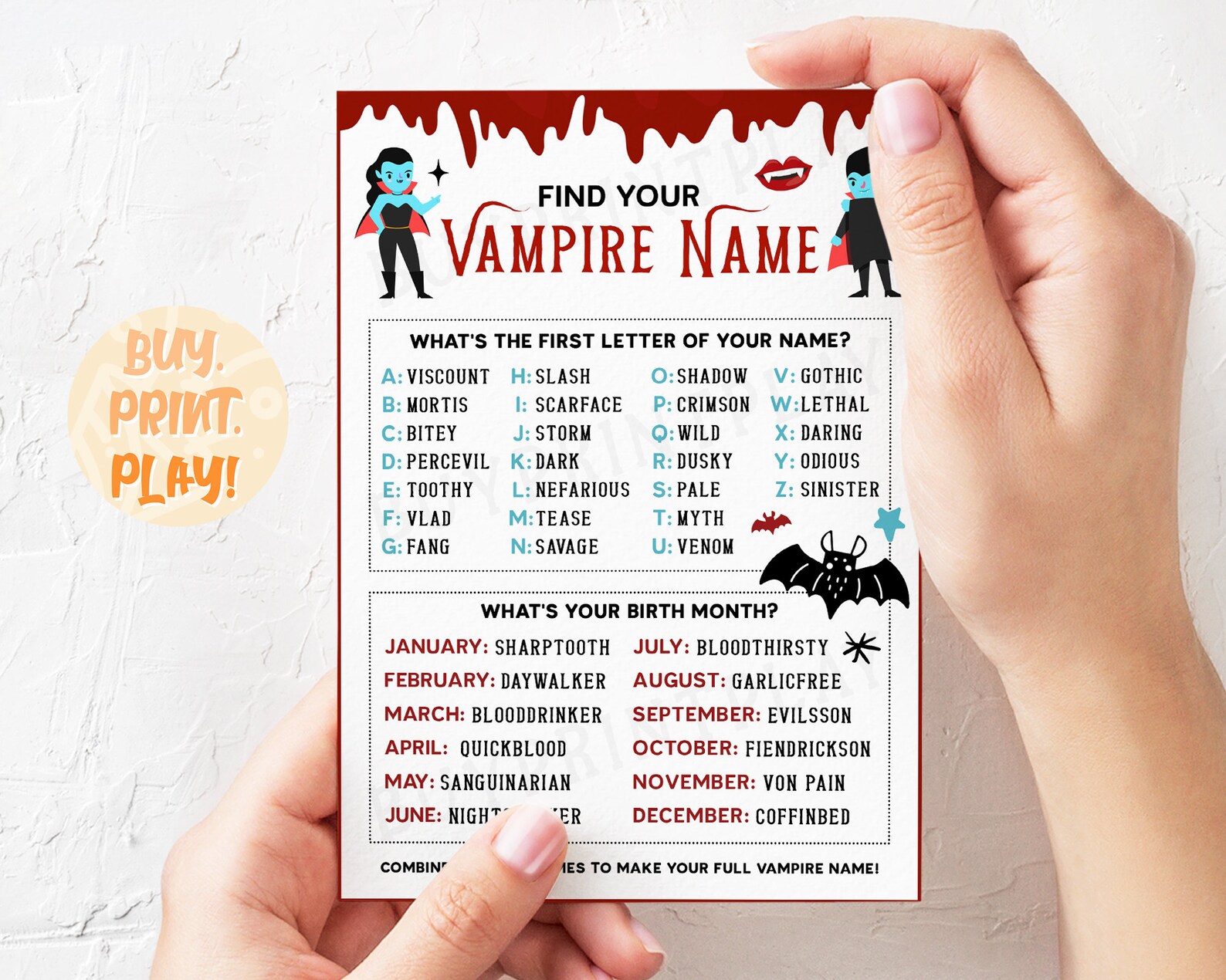 Whats Your Vampire Name Halloween Party Games Vampire - Etsy