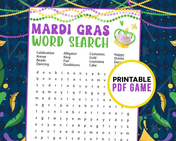 Mardi Gras Word Search Party Games New Orleans Fat Tuesday | Etsy