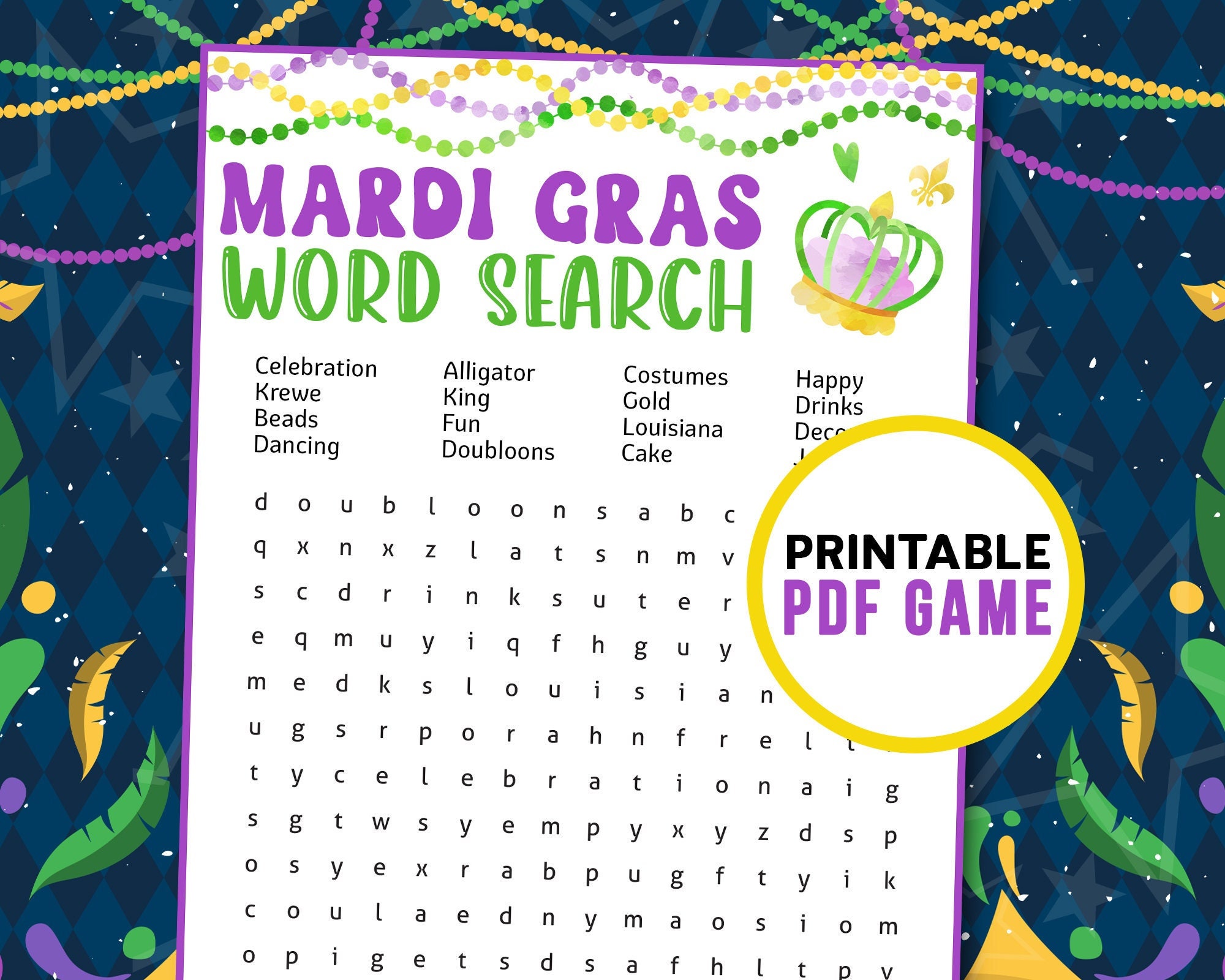 Mardi Gras Word Search Party Games New Orleans Fat Tuesday | Etsy