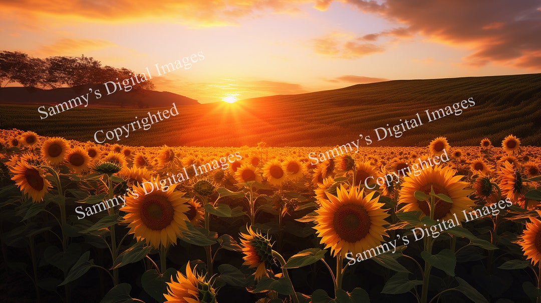Sunflower Fields Golden Sunset Digital Background - Etsy