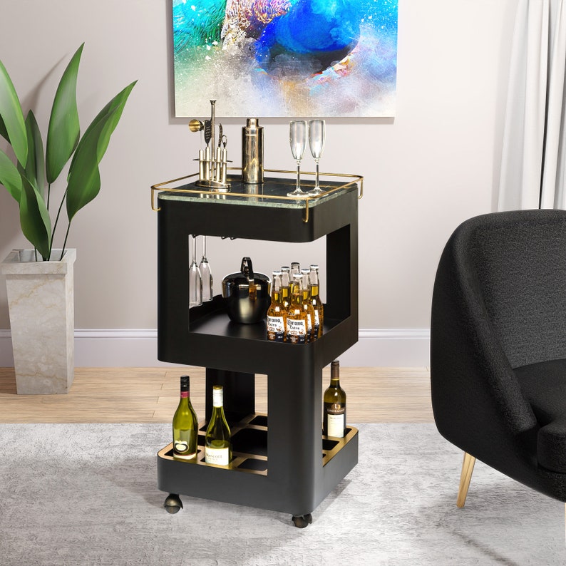 Bar Cabinet Black Gold Drinks Trolley Cart Contemporary Wine Storage ...