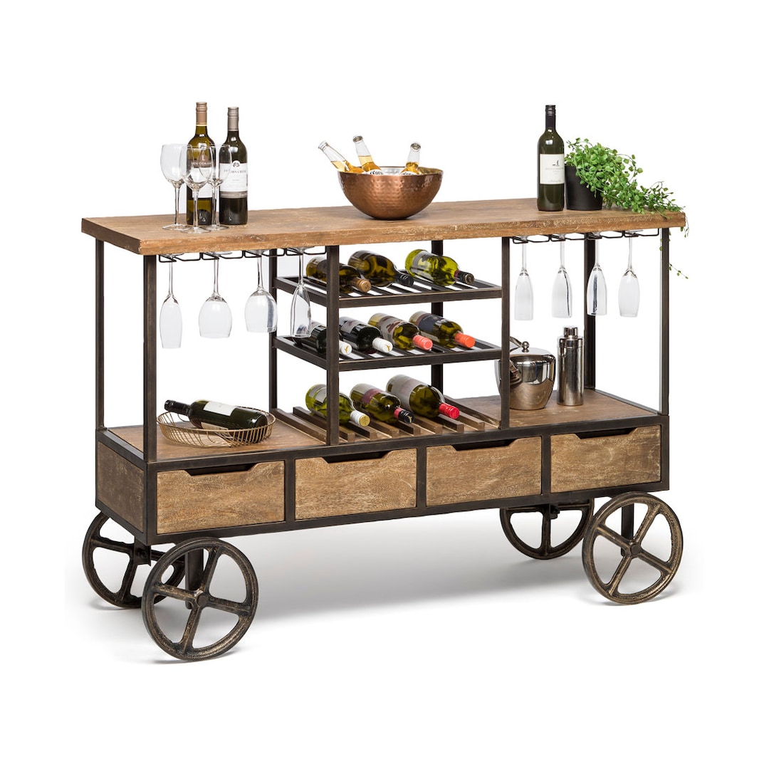 Industrial Style Wooden Drinks Trolley Bar Cart Station With Wine ...