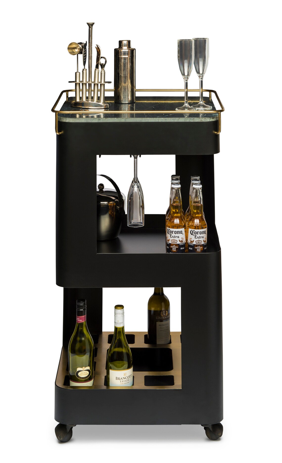Bar Cabinet Black Gold Drinks Trolley Cart Contemporary Wine Storage ...