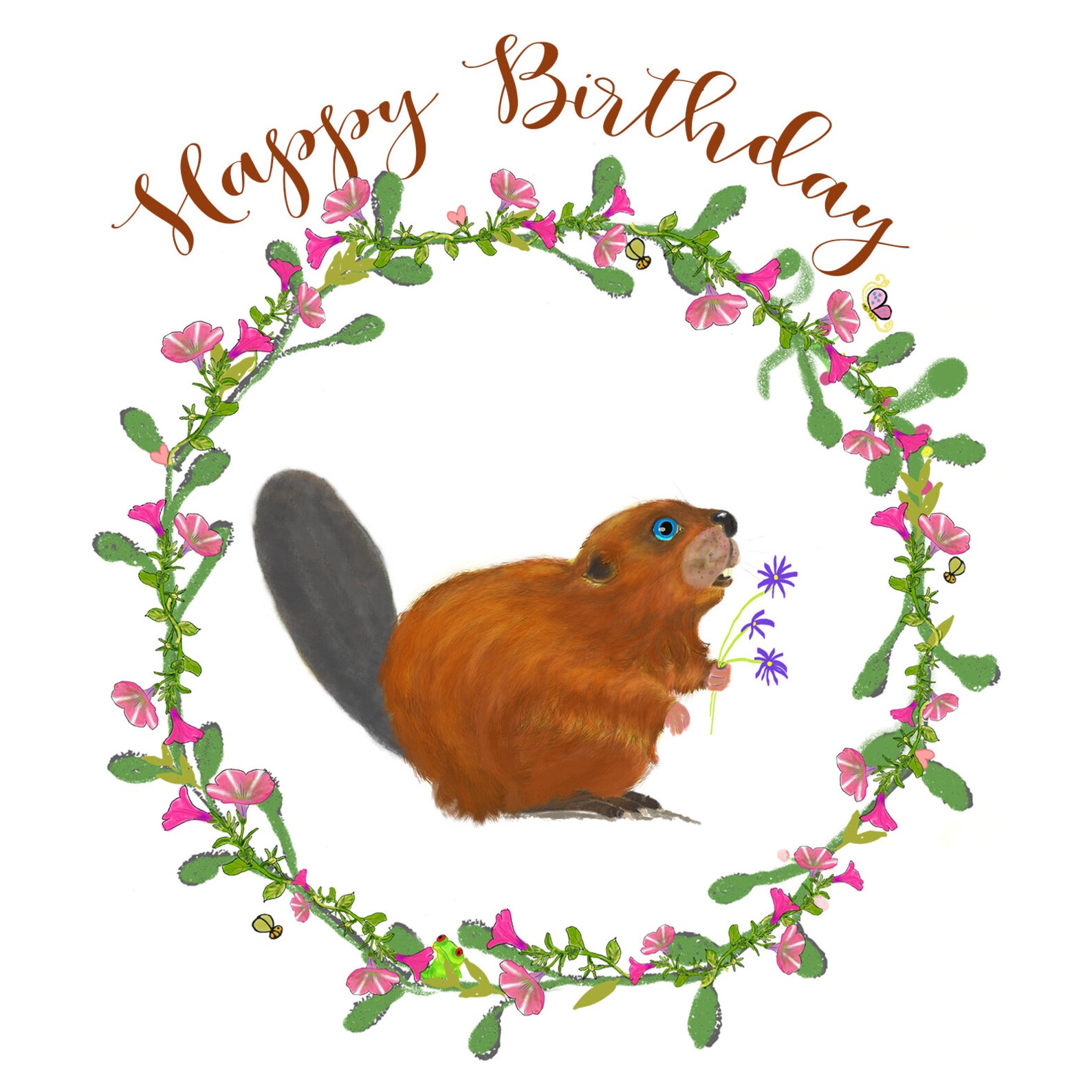 Happy Birthday From a Beaver Bearing Flowers Whimsical - Etsy
