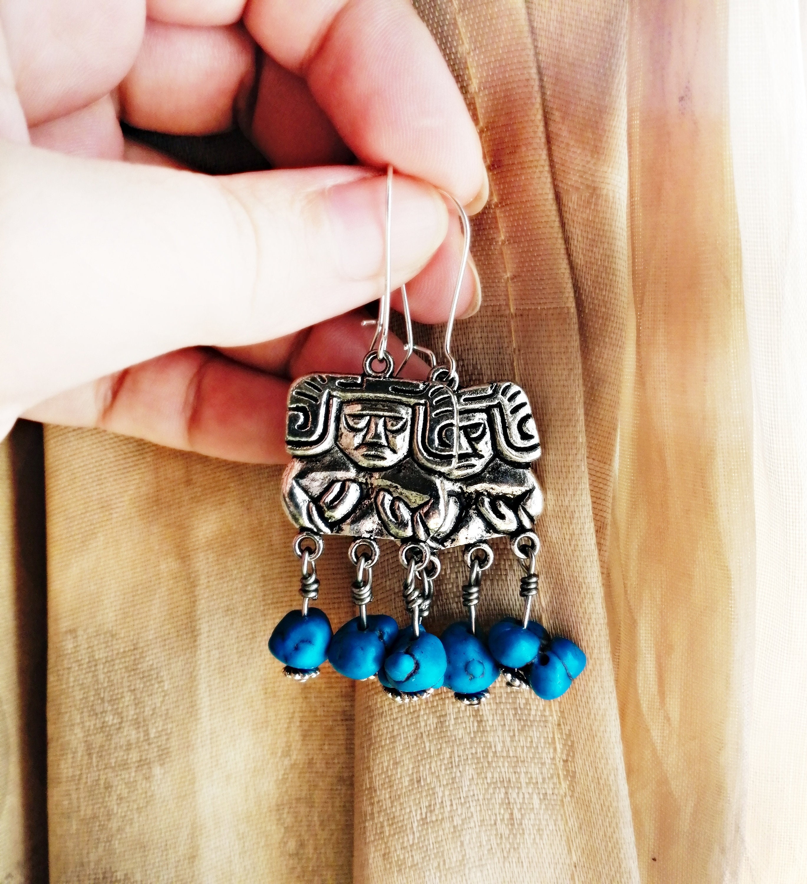 Blue Mayan Earrings With Fossil Beads, Mayan Silver Exotic Blue ...
