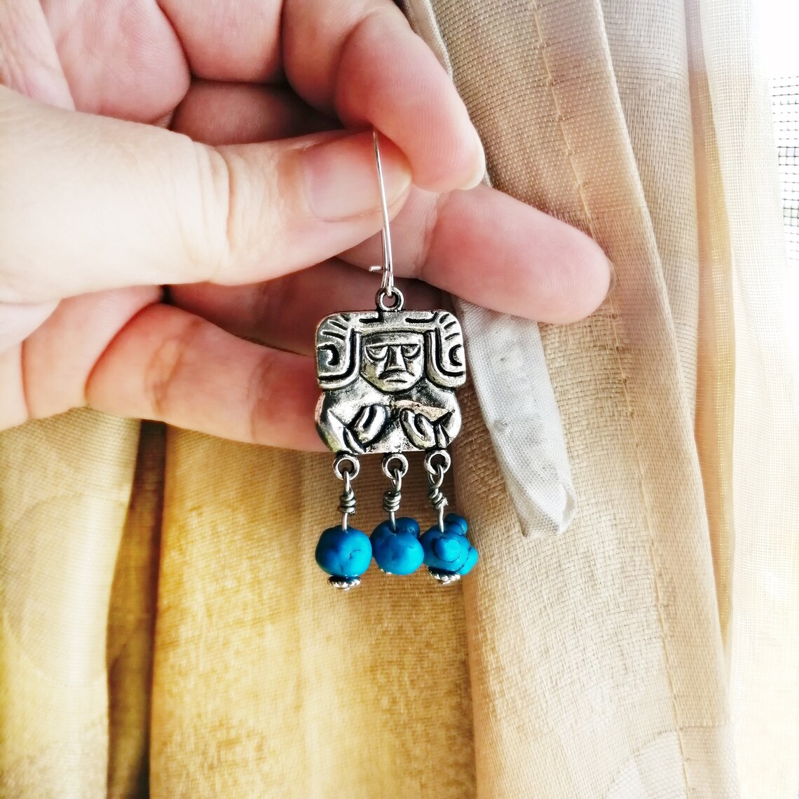Blue Mayan Earrings With Fossil Beads, Mayan Silver Exotic Blue ...