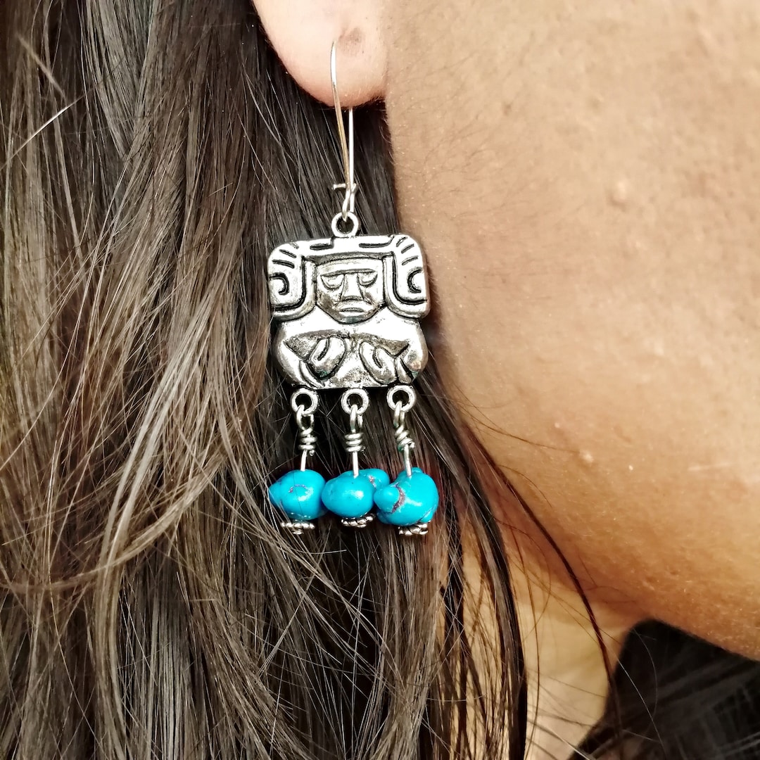 Blue Mayan Earrings With Fossil Beads, Mayan Silver Exotic Blue ...