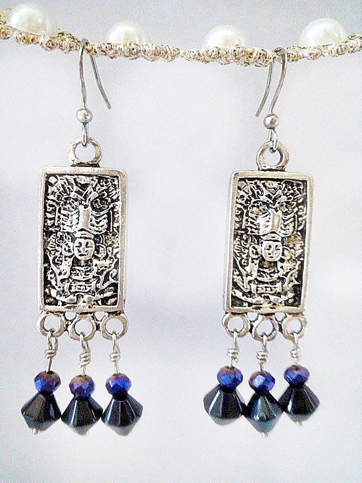 Aztec Design Earrings Mexican Jewelry Long silver Pendants | Etsy