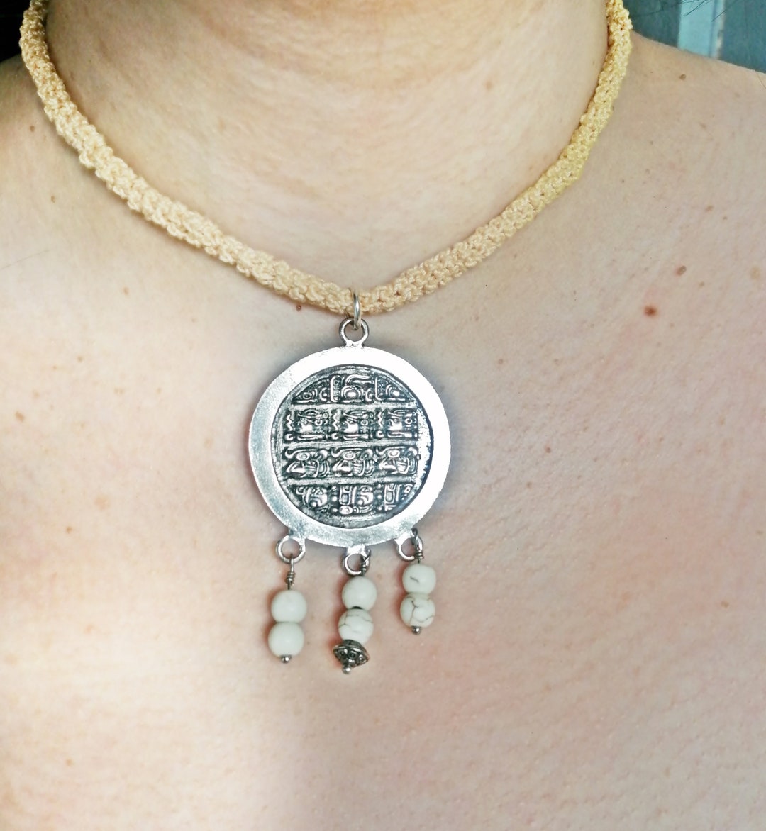 Beige Crochet Mayan Pendant Necklace, Mayan Jewelry, Gift for Her ...