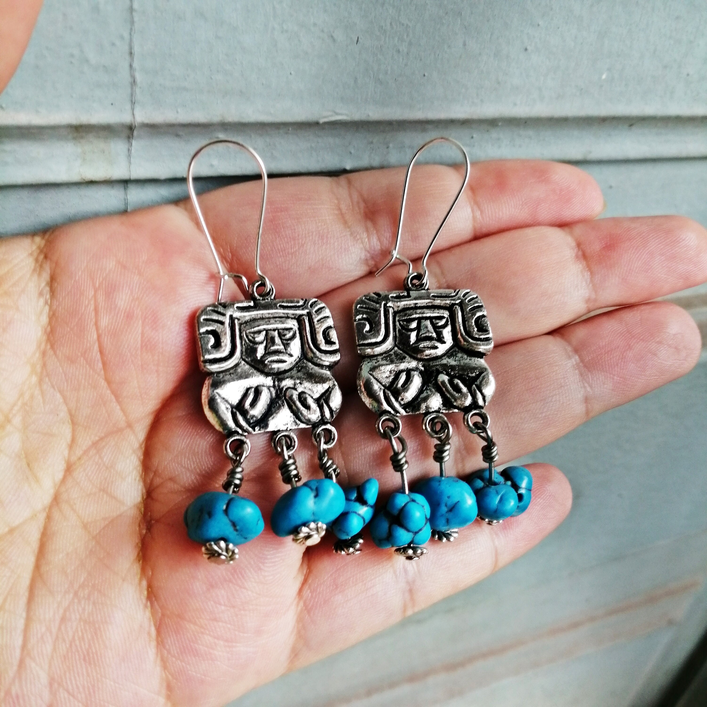 Blue Mayan Earrings With Fossil Beads, Mayan Silver Exotic Blue ...