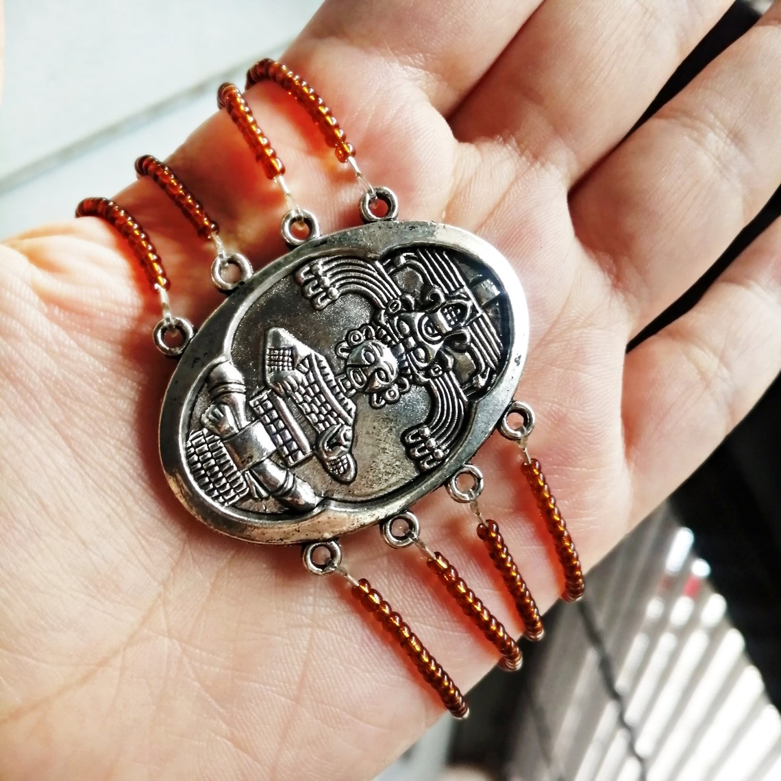 Mayan Big Silver Charm Seed Beads Stacking Bracelets Browns - Etsy