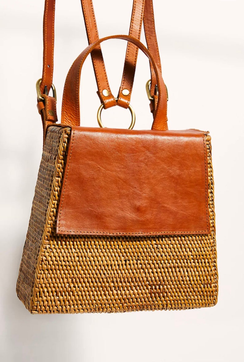Bali Rattan & Eco Leather Mini Backpack Handbag | Etsy