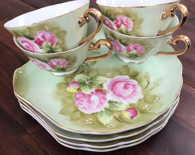 Tea Set Lefton Heritage, Green With Pink Flowers. - Etsy