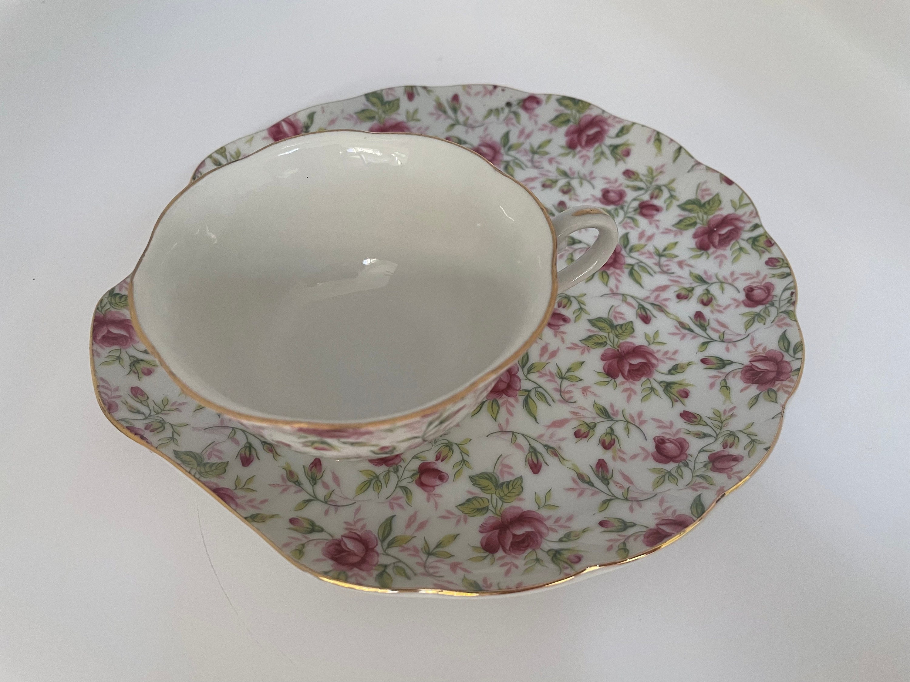 Lefton Chintz snack plates and tea cups. | Etsy
