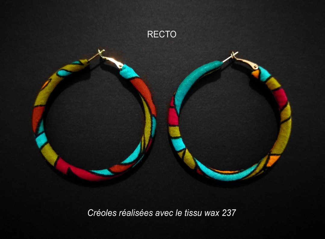 Large Wax Hoop Earrings - 6cm in Diameter - Fabric 237 (turquoise ...