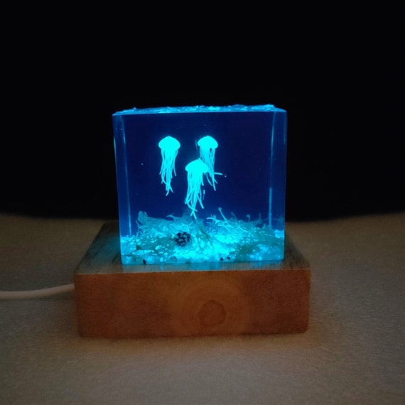 Night Light Lamp Resin Ocean Ornament Blue Sea Jellyfish Cube | Etsy