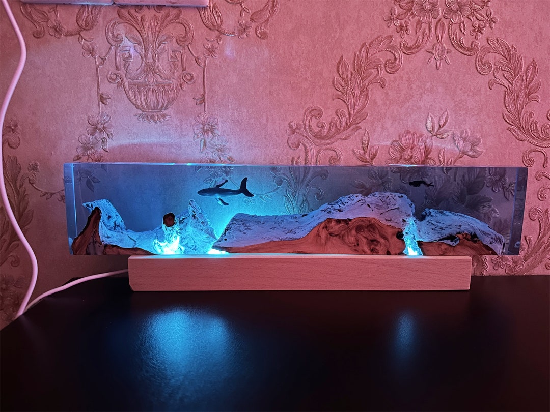 Humpback Whales Night Light Lamp, Custom Resin Wood Lamp, Blue Sea ...