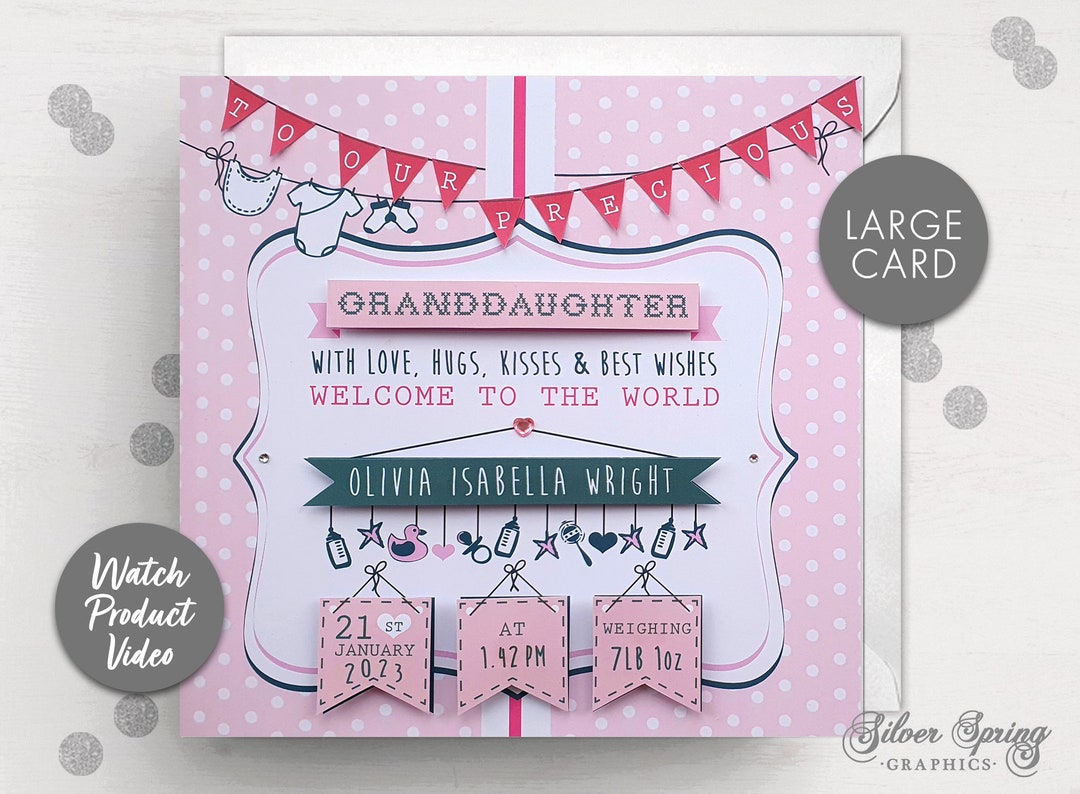 CLEARANCE Personalised Baby Card, Large Baby Girl Card, Granddaughter ...
