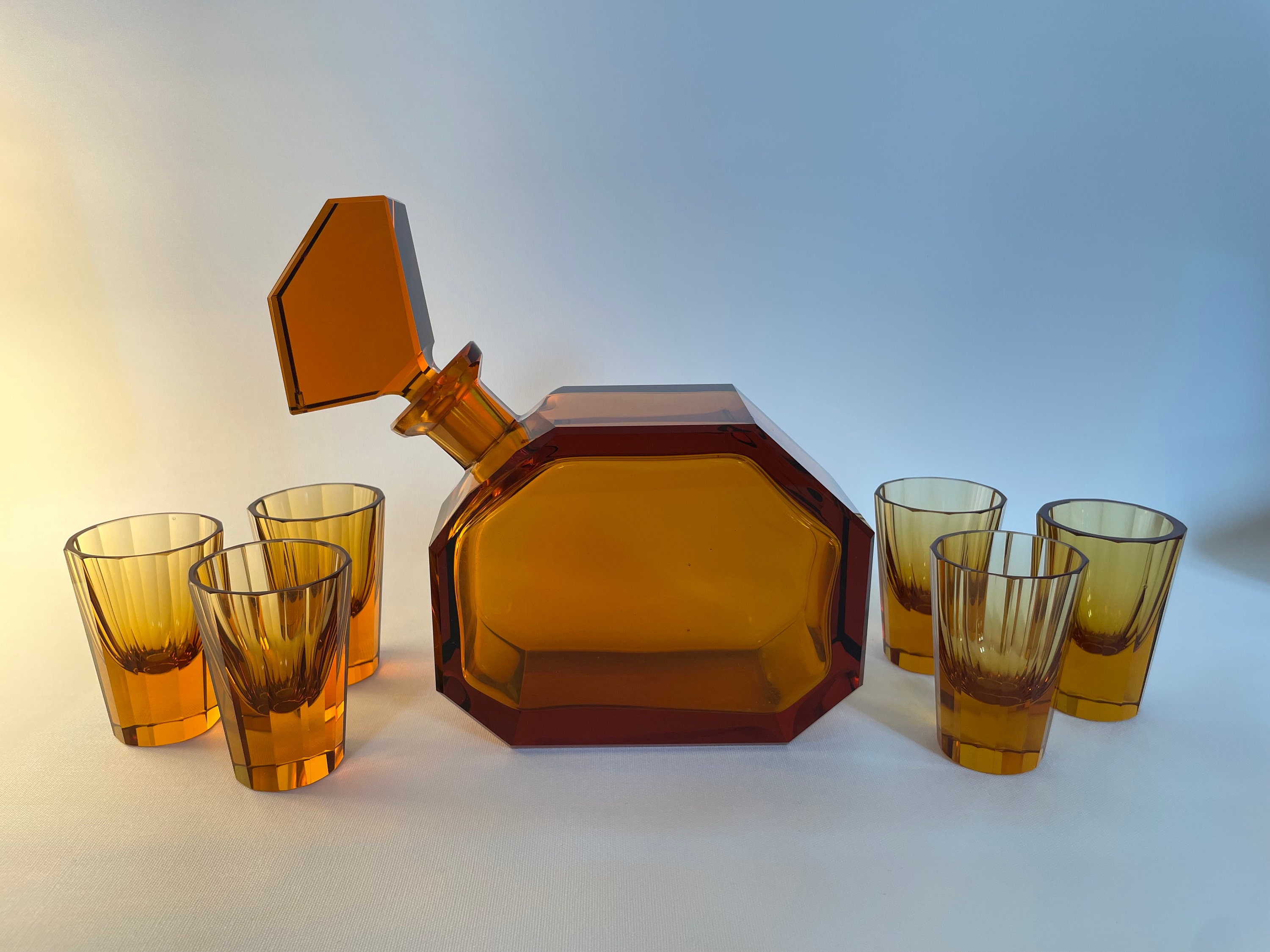 Stunning Art Deco Amber Glass Decanter Set With Six Glasses Attributed ...