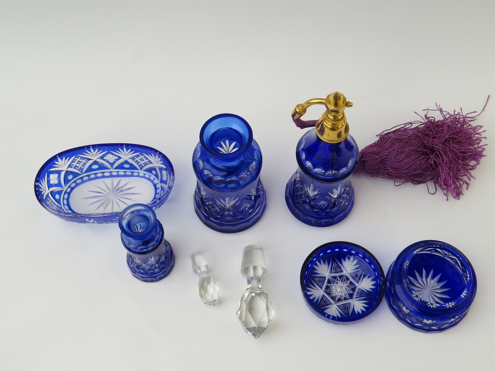 Antique Cobalt Blue Vanity Set, Bohemian Crystal Hand Cut Bathroom ...