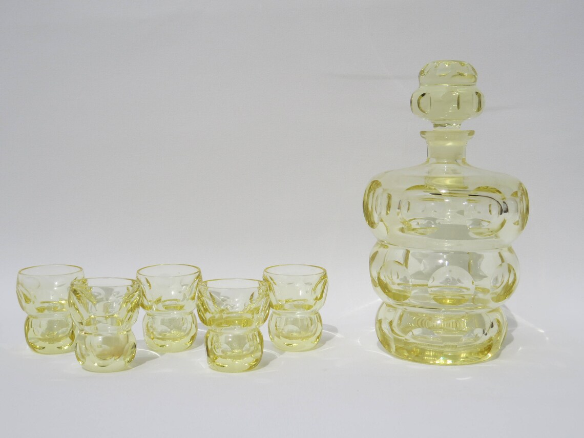 Moser Art Deco Yellow Crystal Glass Decanter Set, Czech Bohemian ...