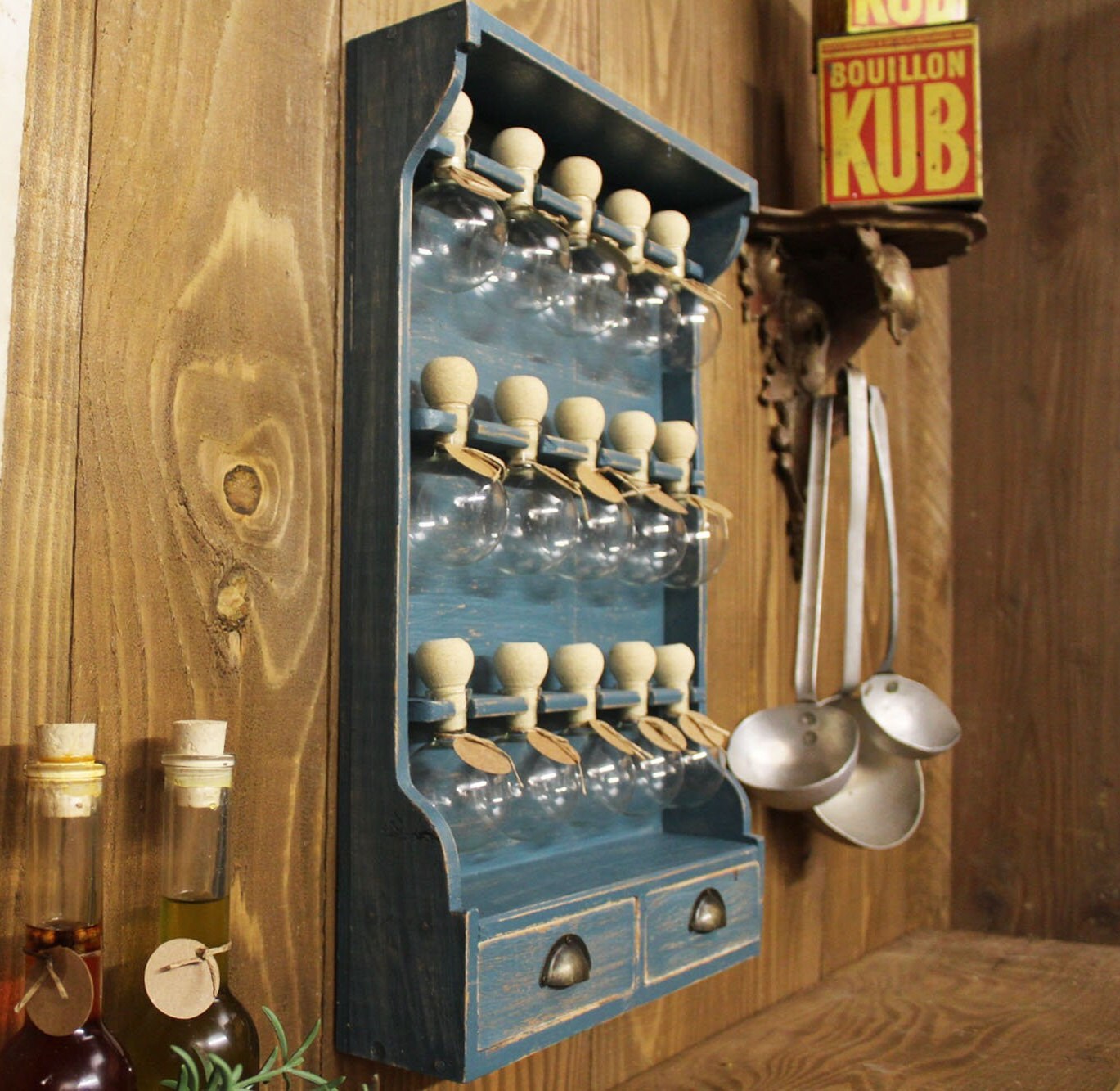 Wooden Spice Rack (blue Patina) - Vintage Kitchen Storage - With 15 ...